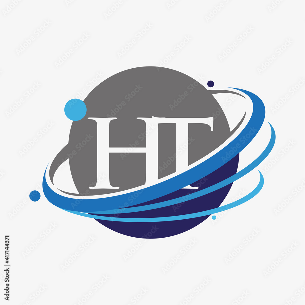 initial letter HT logotype company name colored blue and grey swoosh ...