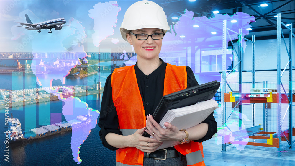 Woman from logistics company is smiling. Logistics technology. Woman ...