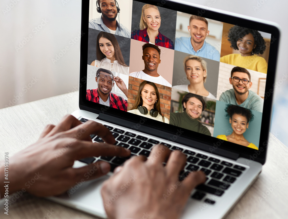 Video Conference. Man Having Online Web Chat With Diverse Multiethnic ...