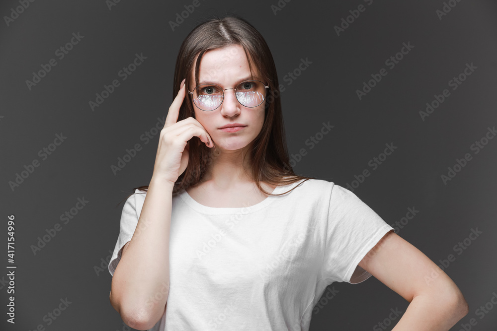 Nervous girl trying find way how solve troublesome situation, touch ...