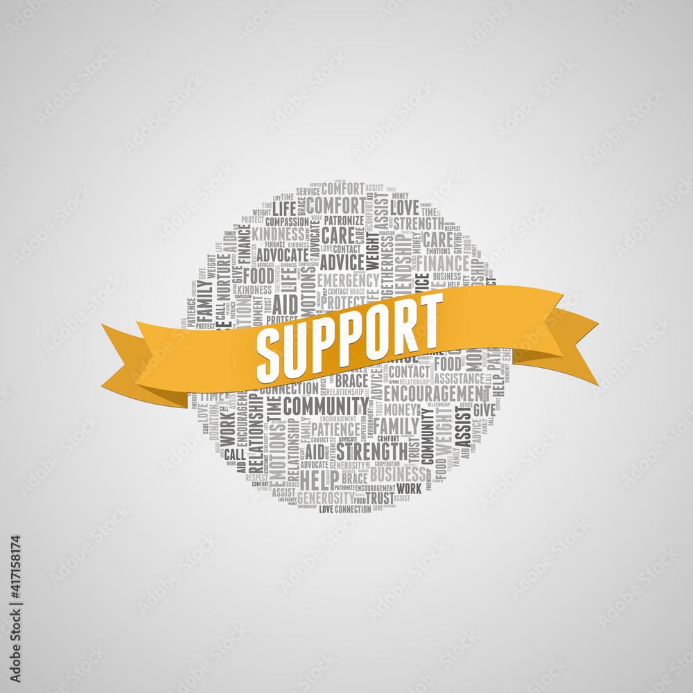 Support typography illustration with word cloud. Text on yellow banner ...