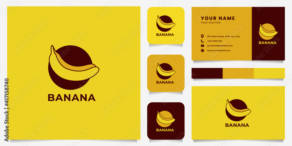 Colorful banana emblem logo with icon, color palette, and business card ...