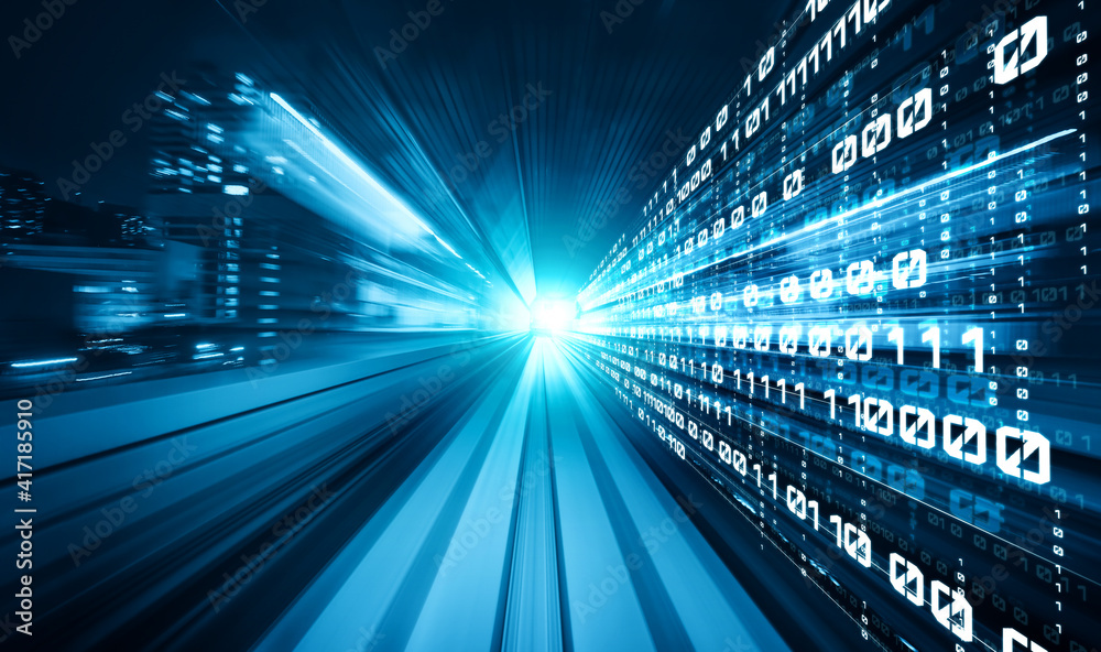 Digital data flow on road with motion blur to create vision of fast ...