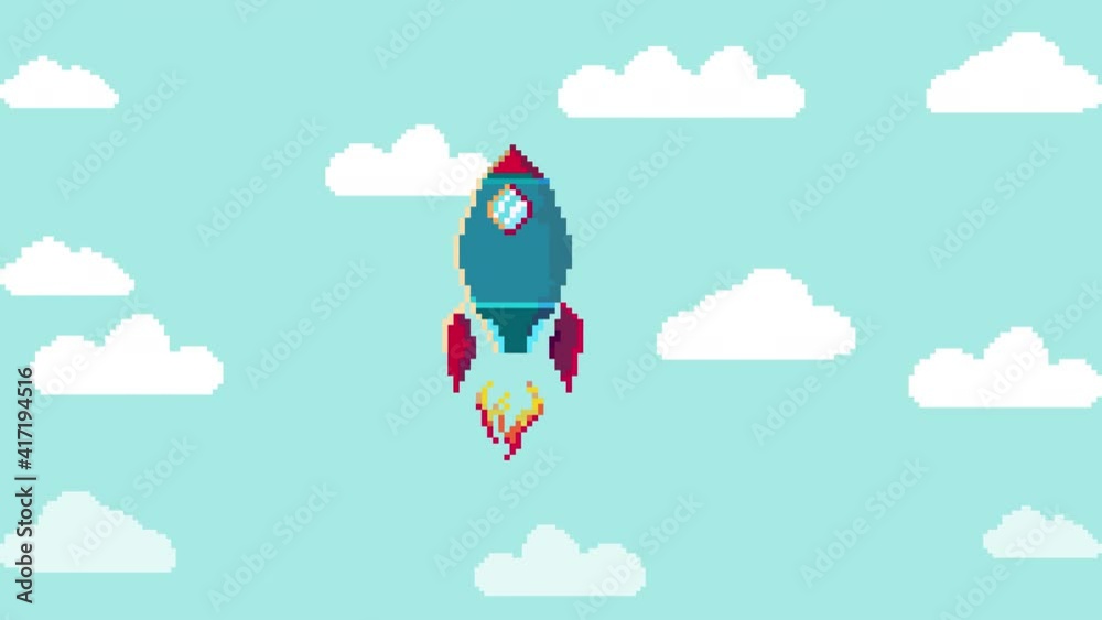 Rocket launcher flying in sky. Looped animation, spaceship. Pixel art 8 ...