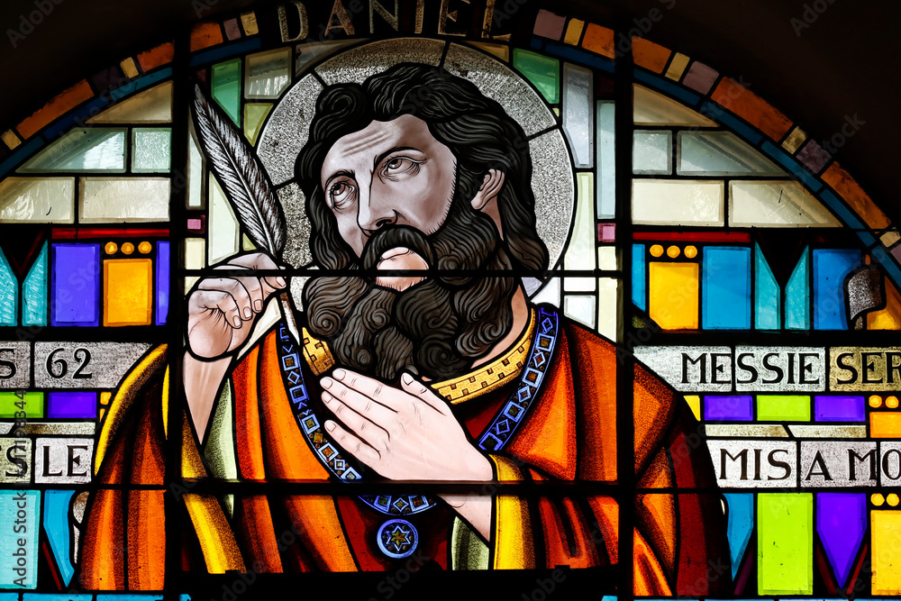 Stained glass window. Daniel is the hero of the biblical Book of Daniel ...