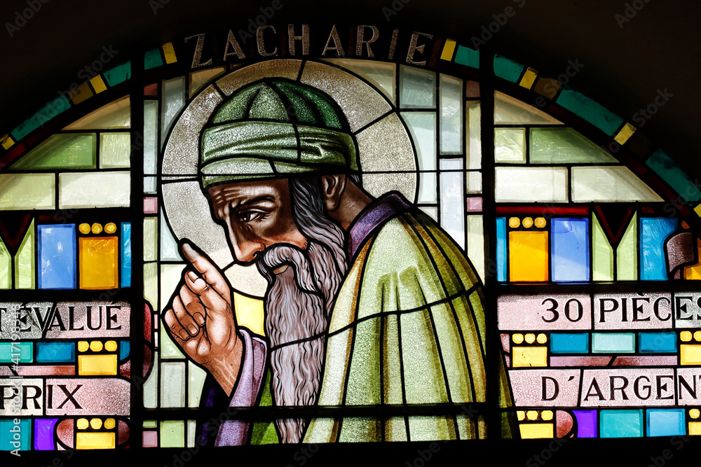 Stained glass window. Zachariah : the father of John the Baptist ...