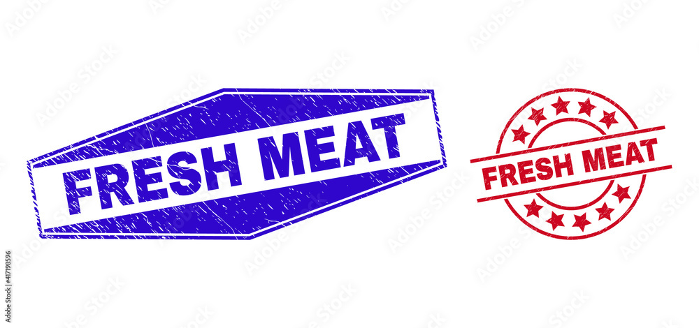 FRESH MEAT badges. Red rounded and blue stretched hexagonal FRESH MEAT ...