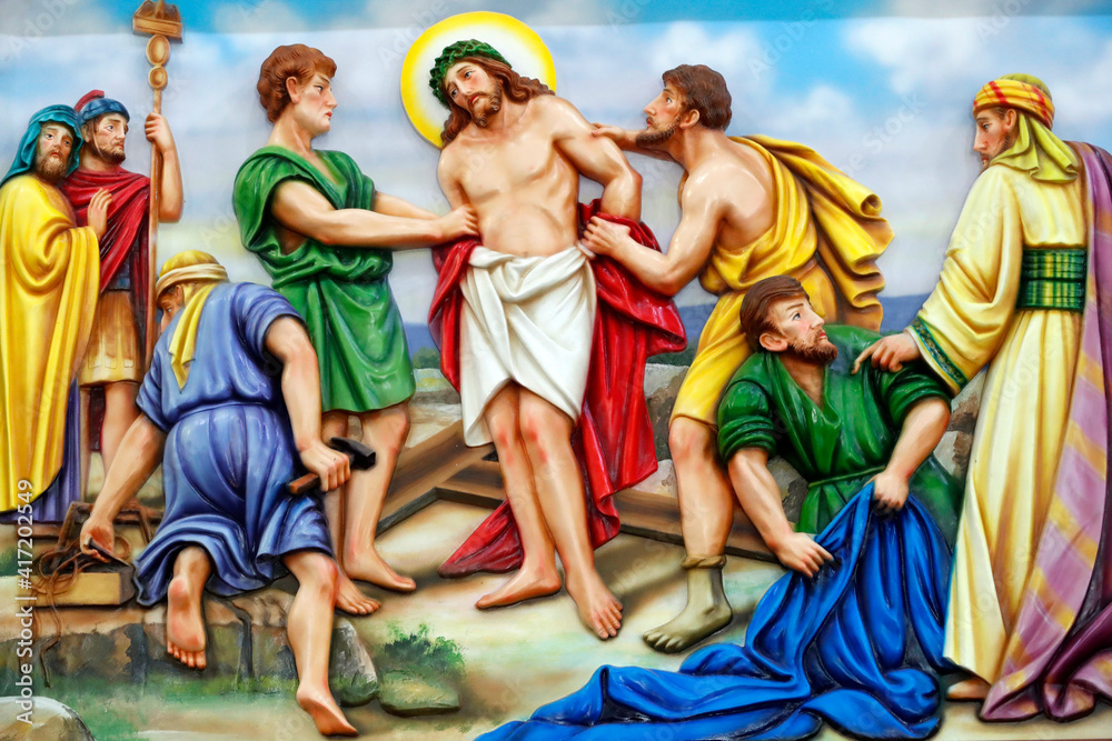 Our Lady of Fatima church. Way of the cross. Station 10. Jesus falls ...