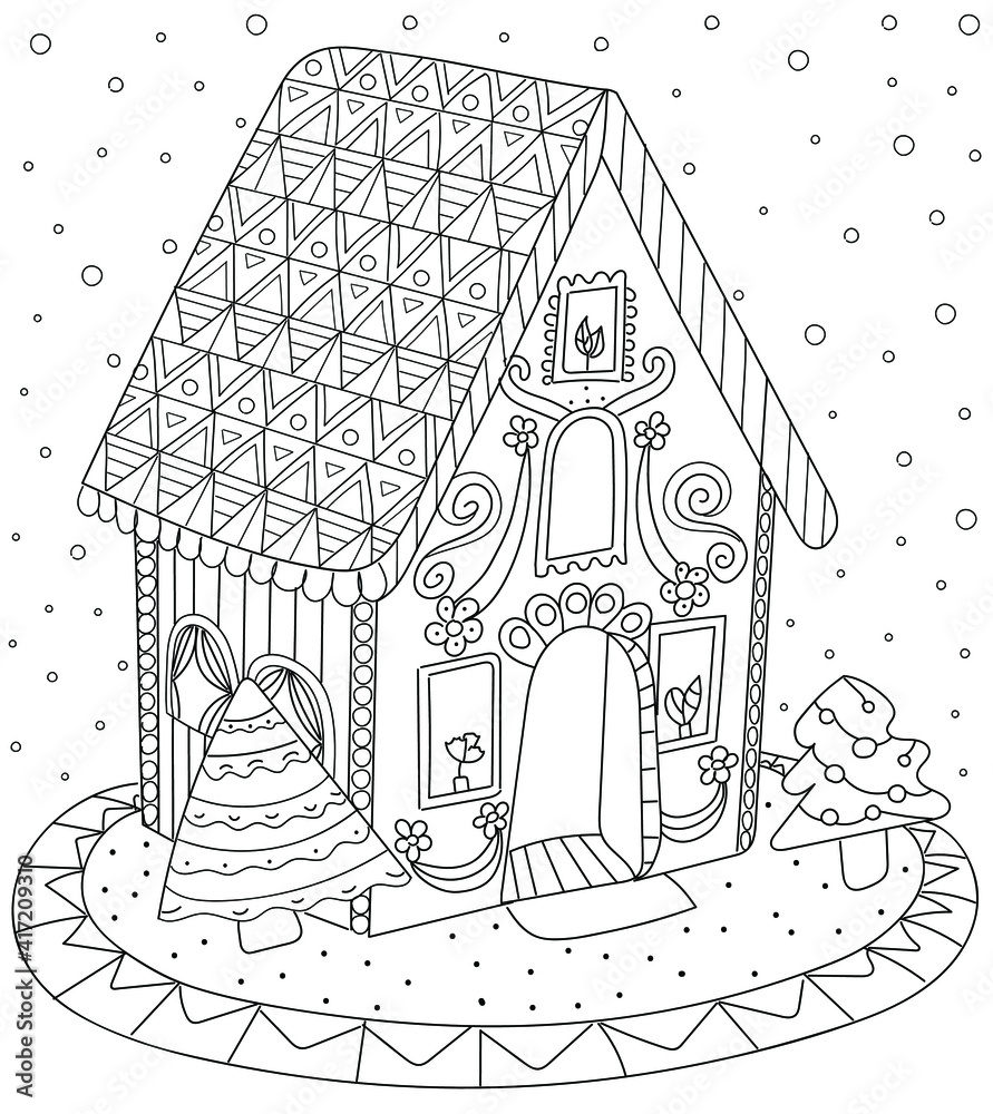 Hand drawing coloring page for kids and adults with fabulous house ...