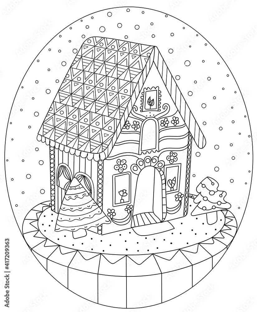 Hand drawing coloring page for kids and adults with fabulous house ...
