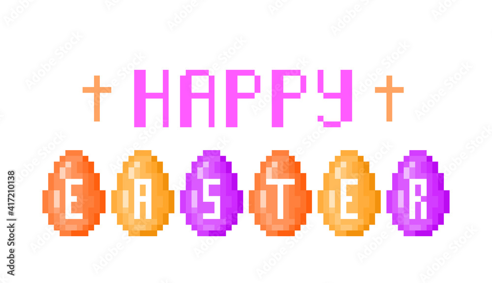 Happy Easter, pixel art banner with crosses and painted eggs isolated ...