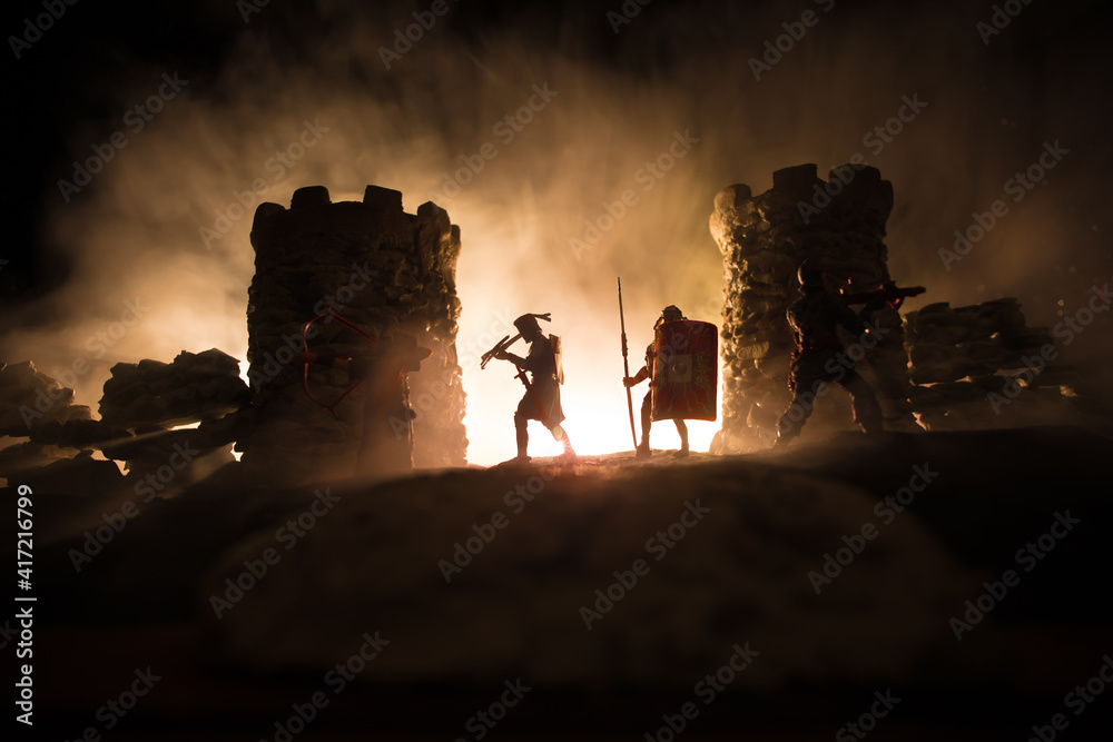 Medieval battle scene. Silhouettes of figures as separate objects ...