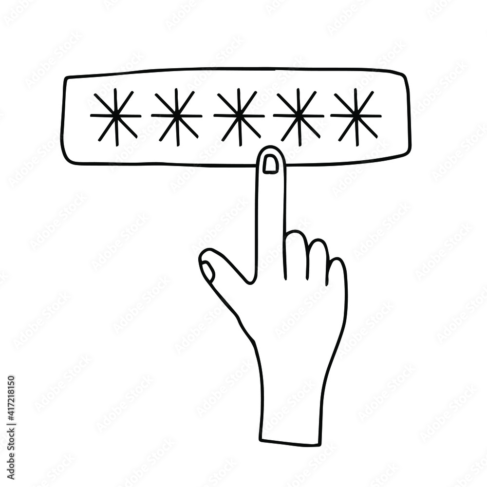 Password with hand on white background. Drawn outline doodle vector ...