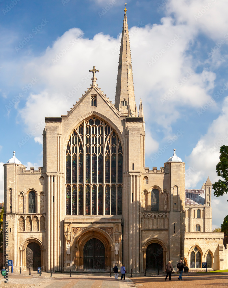 Exterior street view of the Famous historic Norwich cathedral whose ...