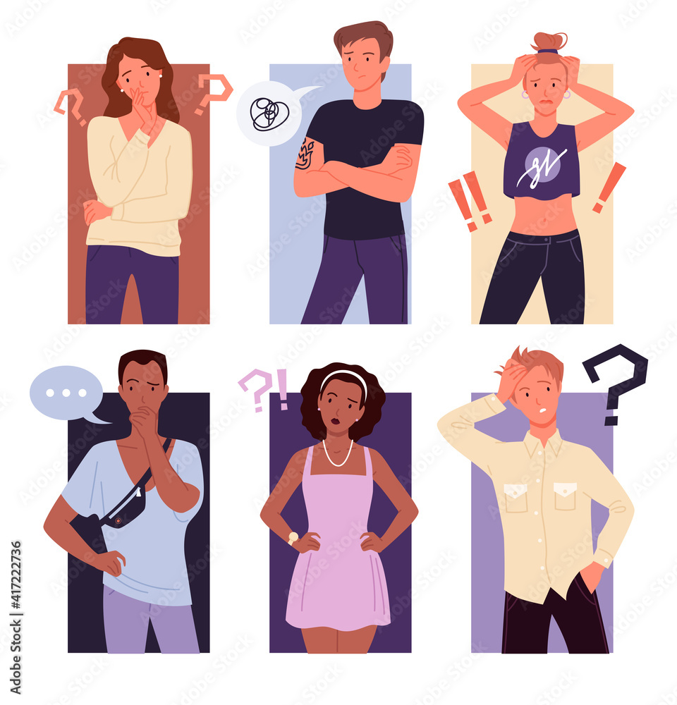 Thinking people confuse set, puzzled confused gestures of guy girl ...