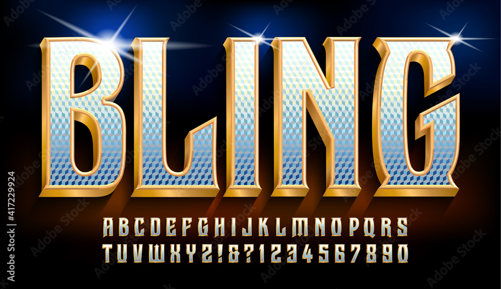 Bling is an ornate alphabet with golden framing and a bejeweled ...