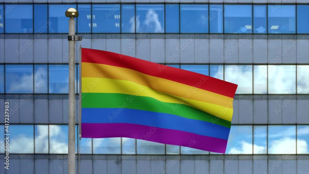 3D illustration Pride gay flag waving in a modern skyscraper city ...