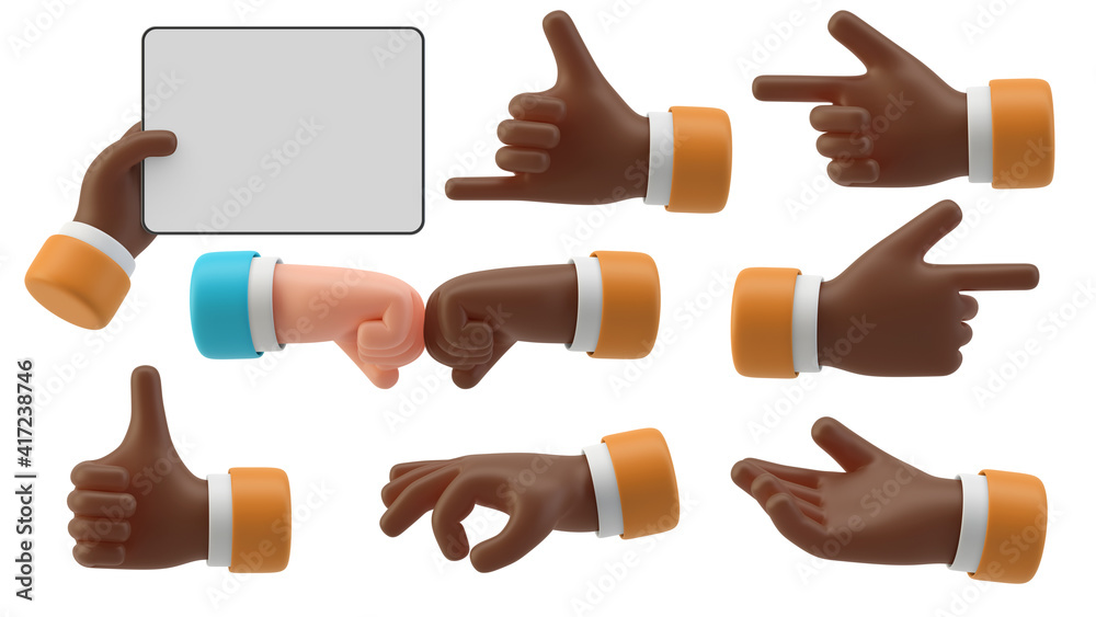 Black Hands Gestures 3D cartoon friendly funny style isolated on white ...