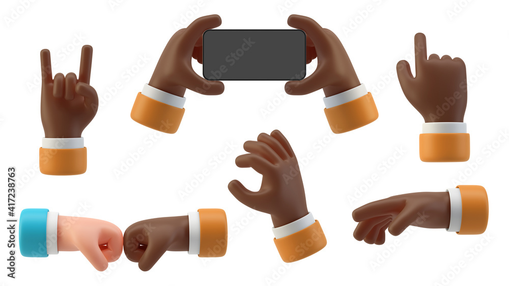 Black Hands Gestures 3D cartoon friendly funny style isolated on white ...
