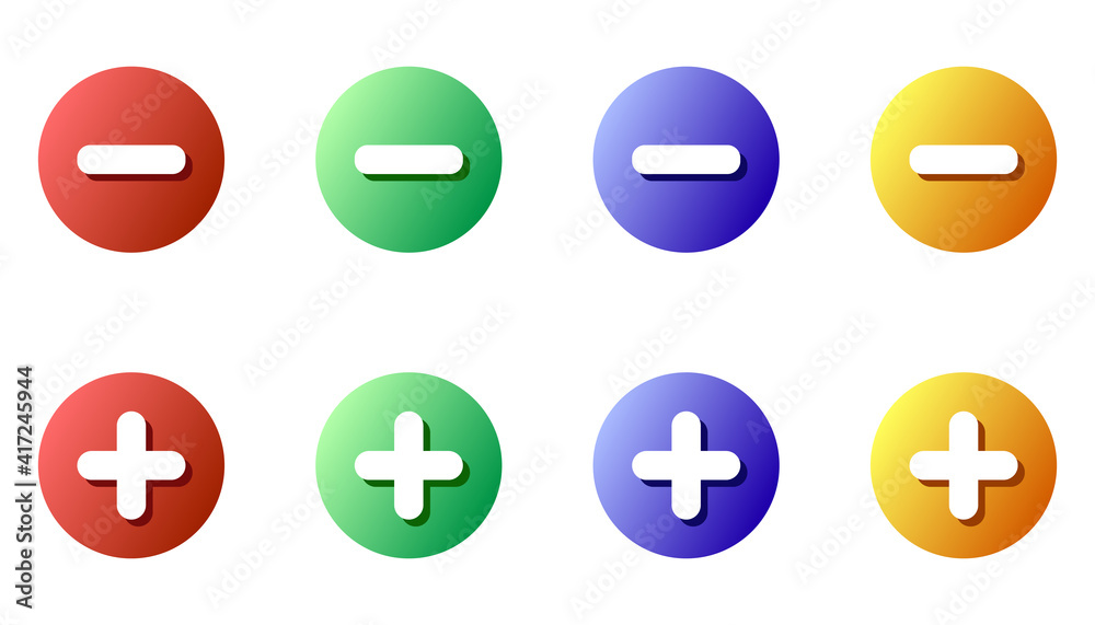 Plus and minus icons set. Vector set of colored plus and minus buttons ...