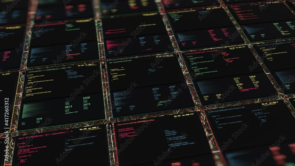 Abstract grid with moving graphs and writing data on black background ...