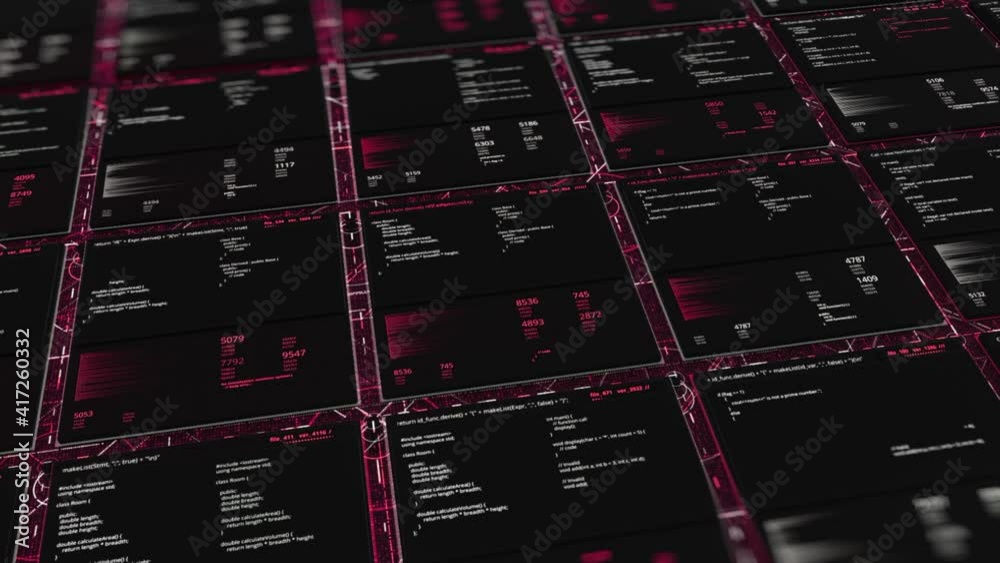 Abstract grid with moving graphs and writing data on black background ...
