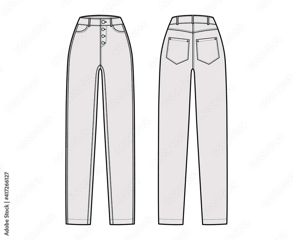 Jeans botton fly tapered Denim pants technical fashion illustration ...