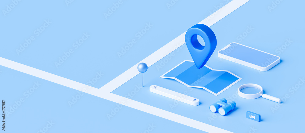 Isometric of map and location pin or navigation icon sign on blue ...