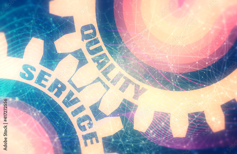 Quality and Service text on the mechanism of gears. Communication ...