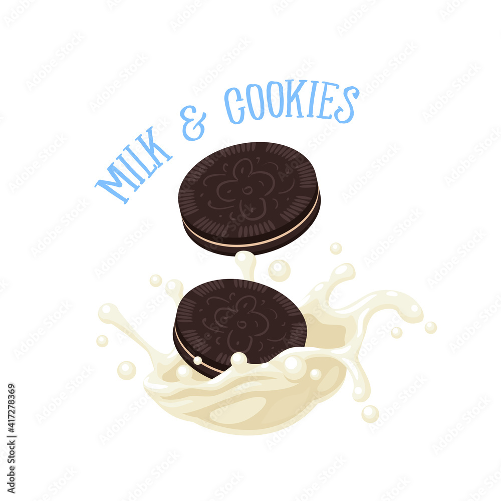 Dark cookie sandwich in milk splash burst. Vector illustration cartoon ...
