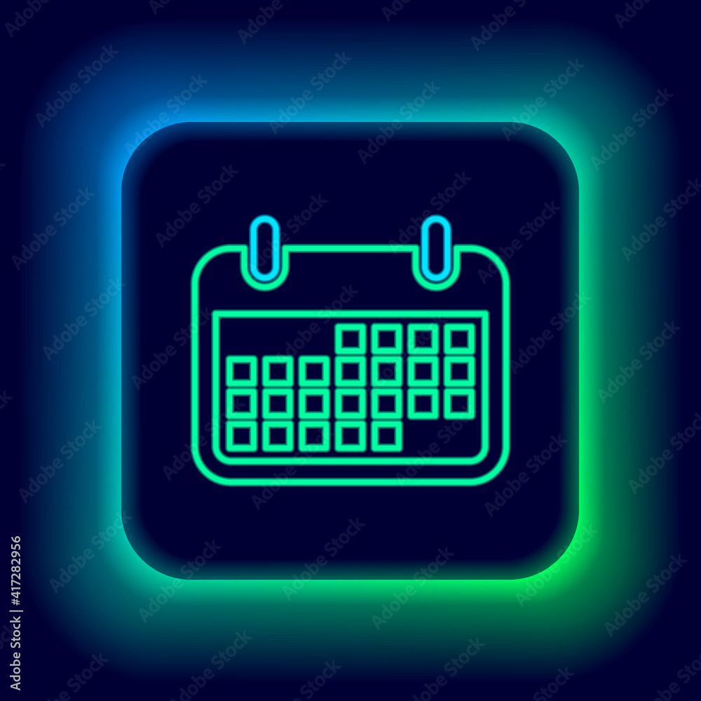 Glowing neon line Calendar icon isolated on black background. Colorful ...
