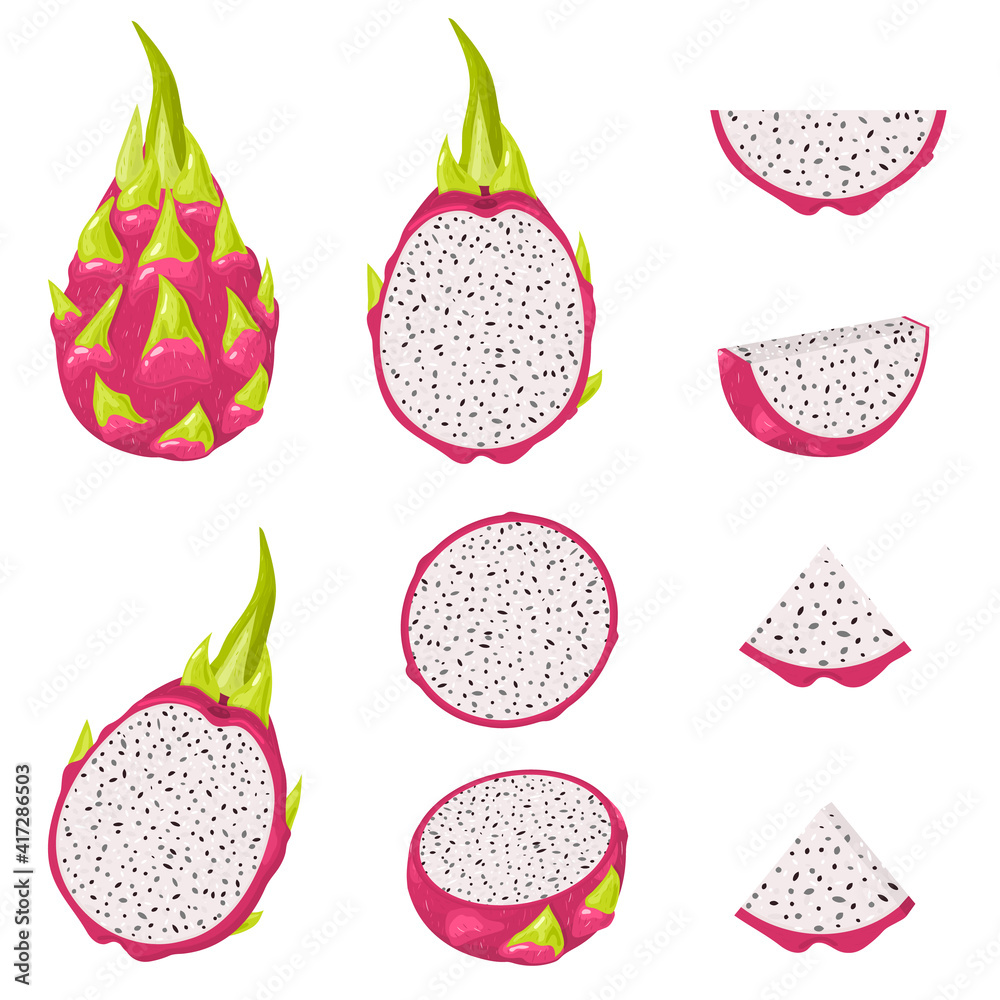 Set of fresh whole, half, cut slice red pitaya fruits isolated on white background. Summer ...