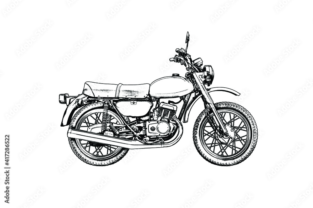 Classic motorcycle, side view, isolated on white background. Monochrome ...
