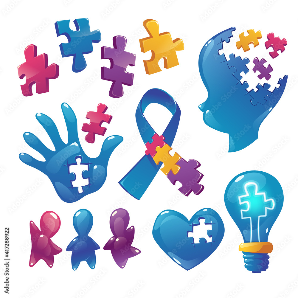 Autism awareness icons puzzle pieces, child head and open palm with ...