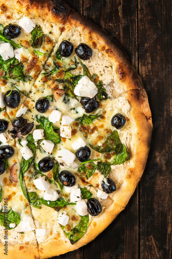 Tasty Pizza on Wooden Boards. Top Down Overhead View. Menu Brochure ...
