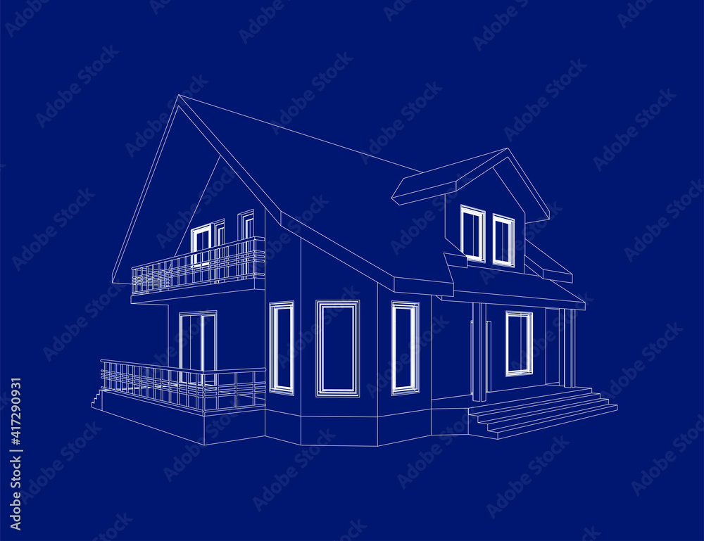 3D suburban house model. Drawing of the modern building. Cottage ...