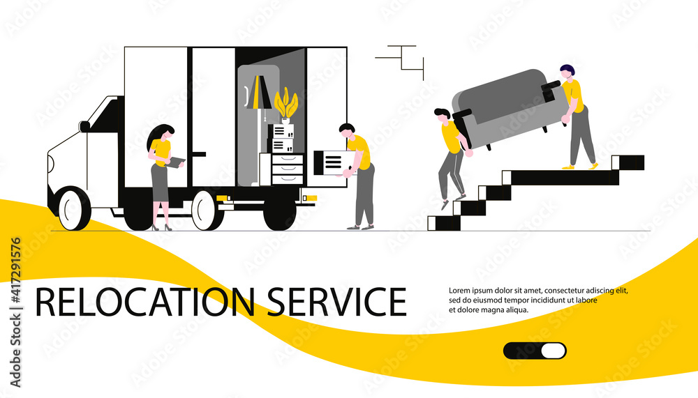 Moving Home and office Concept for Website. Web Page of Team carrying ...