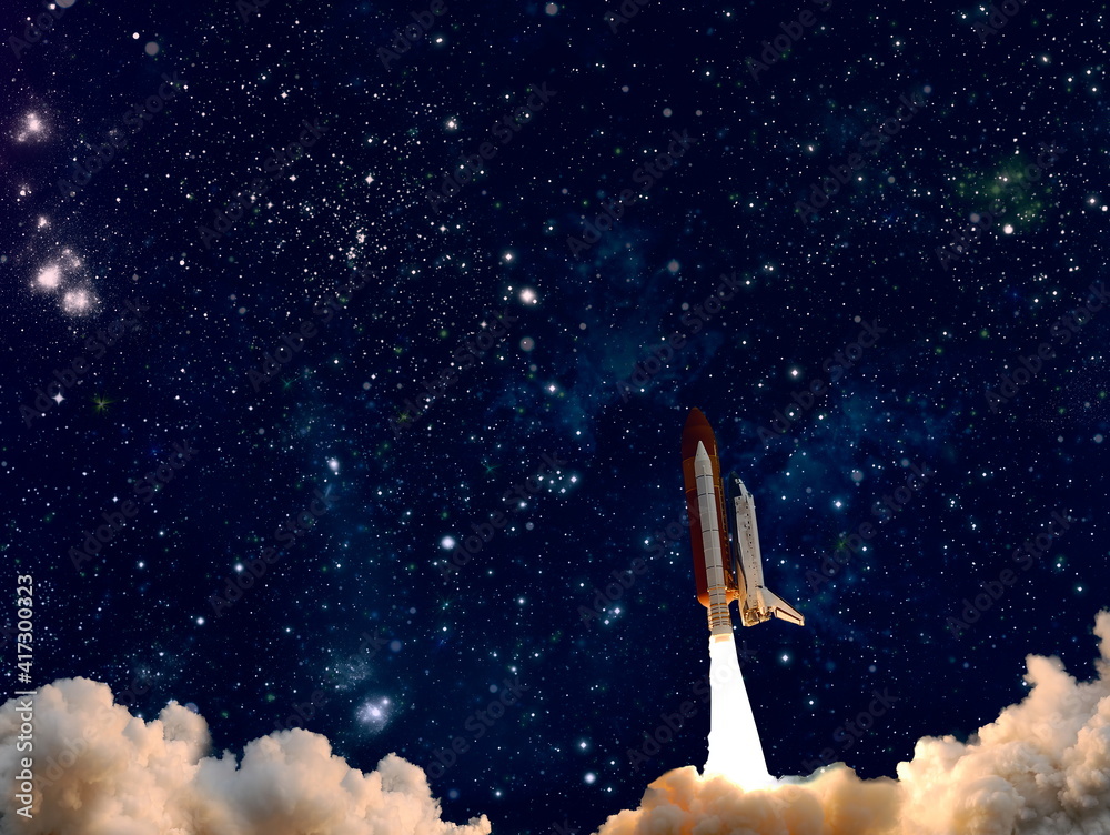 Rocket launch. Rocket with smoke flies into space. Space Shuttle ...