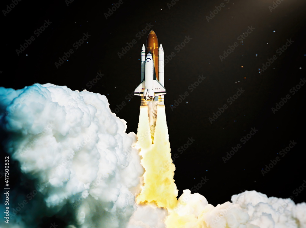 Rocket starts into space. Launch of Space,Spaceship takes off into the ...
