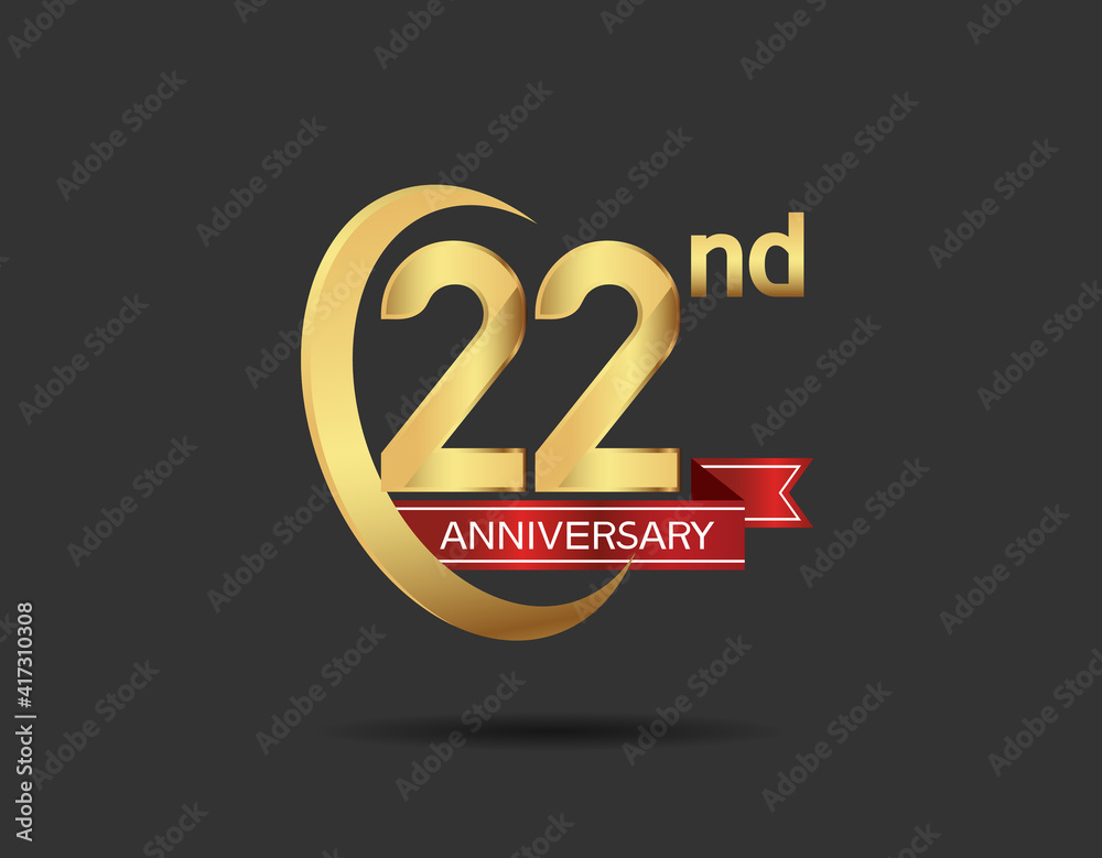 22 years anniversary logo style with swoosh ring golden color and red ...
