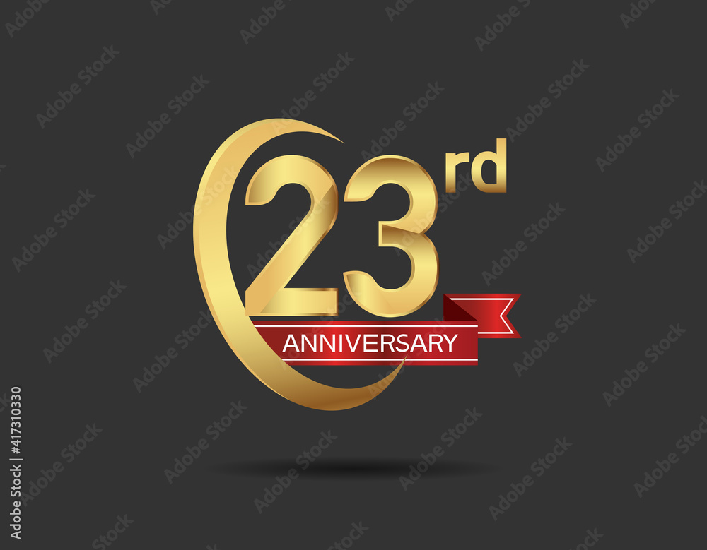 23 years anniversary logo style with swoosh ring golden color and red ...