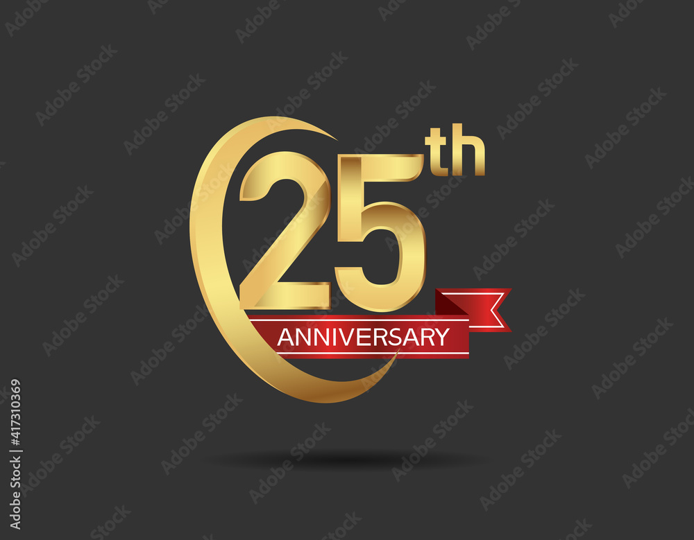 25 years anniversary logo style with swoosh ring golden color and red ...