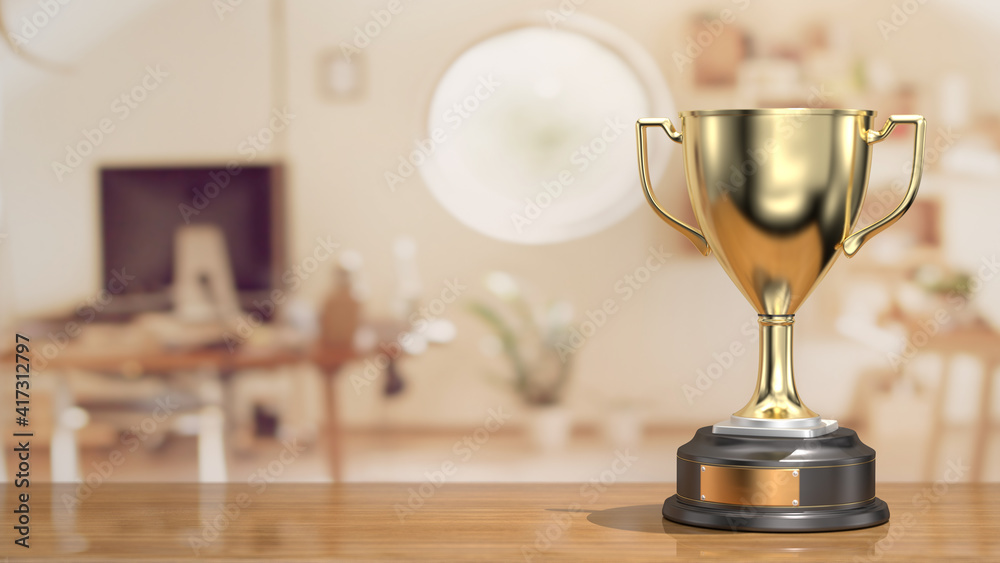 Gold trophy on shelf realistic, 3D rendering. 3D illustration. Stock ...