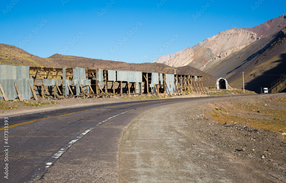 View of road at pass (El Paso internacional Los Libertadores) in Andes ...