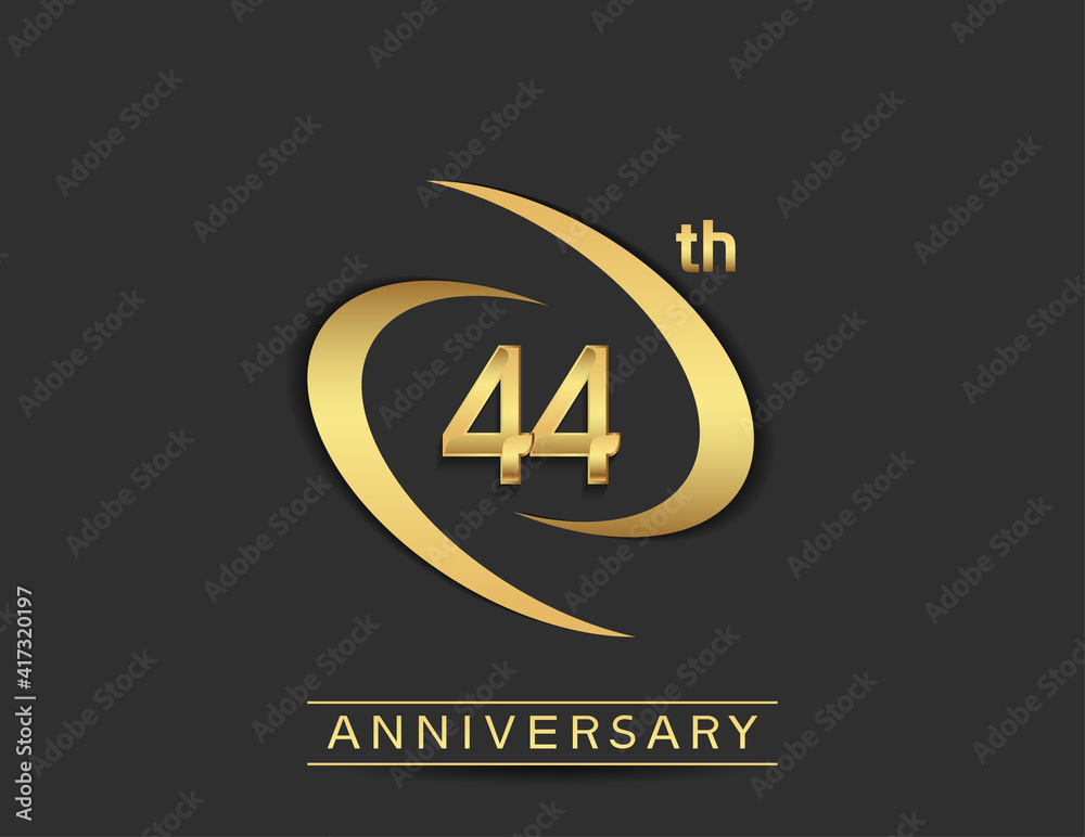 44 years anniversary logo style with swoosh ring golden color isolated ...