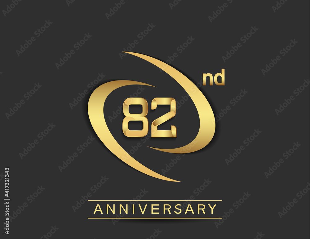82 years anniversary logo style with swoosh ring golden color isolated ...