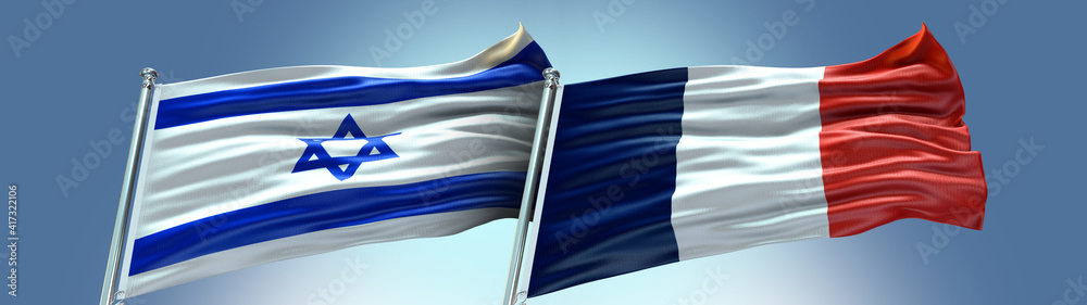 France Flag and Israel Flag waving with texture Blue sky Double flag ...