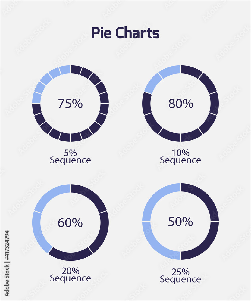 Pie charts with different sequence - 5%, 10%, 20%, 25% percentage ...