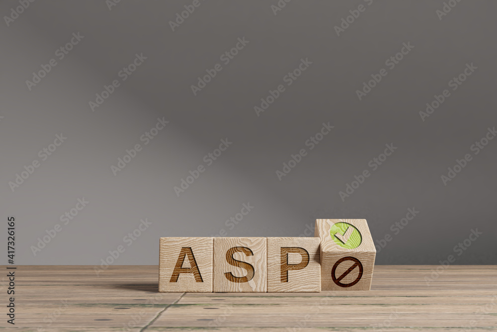Wood cubes with acronym 'ASP' on a beautiful wooden table, studio ...
