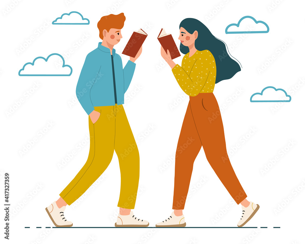 Young boy and a girl are walking while reading a book. Book lovers ...
